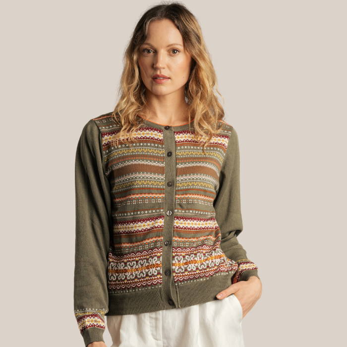 ERIBÉ Women's Sailor Round Neck Cardigan, Organic Cotton Knit, Fairisle ...